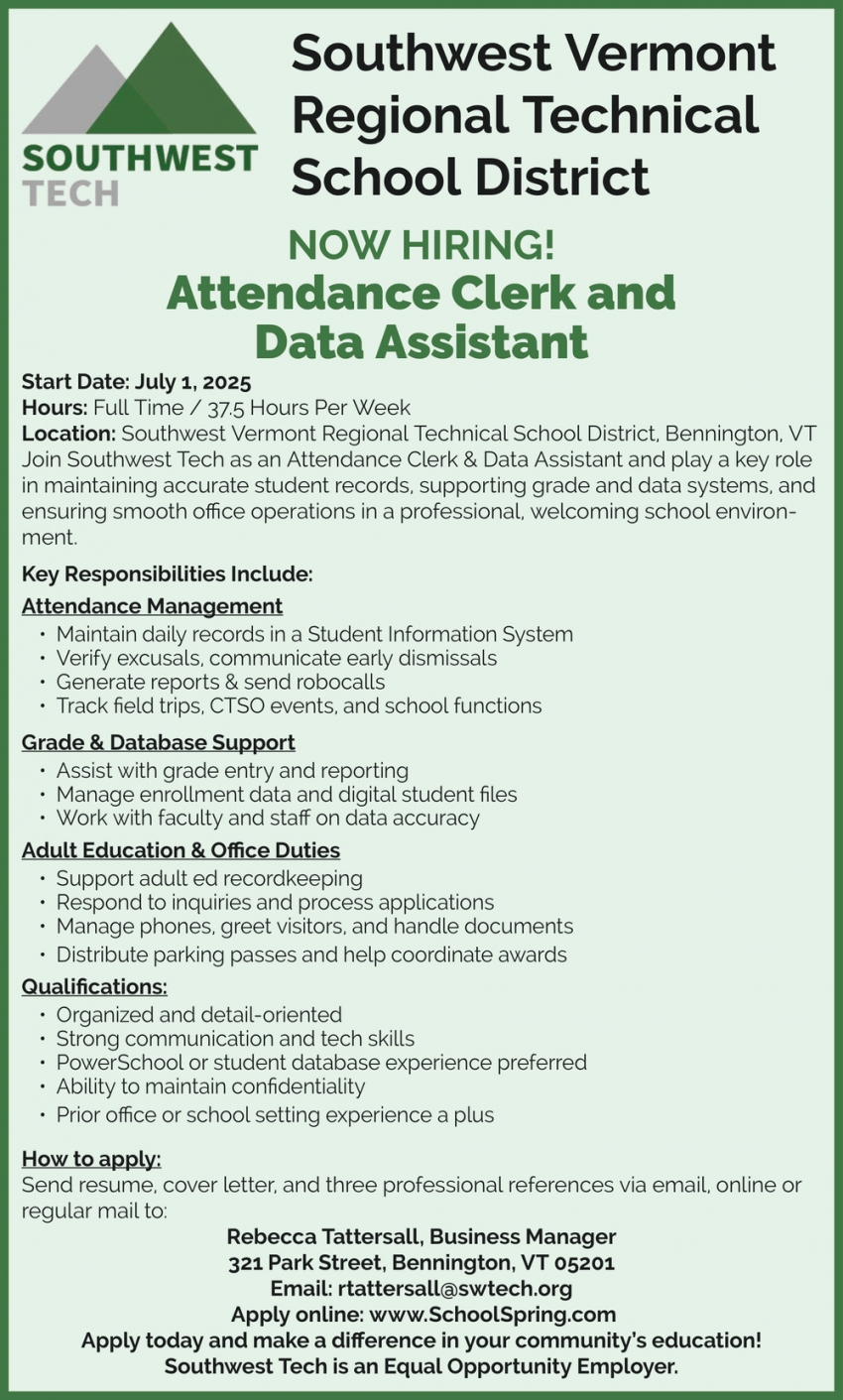Attendance Clerk, Southwest Vermont Regional Technical School District