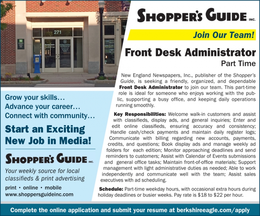 Front Desk Administrator, Shopper's Guide, MA